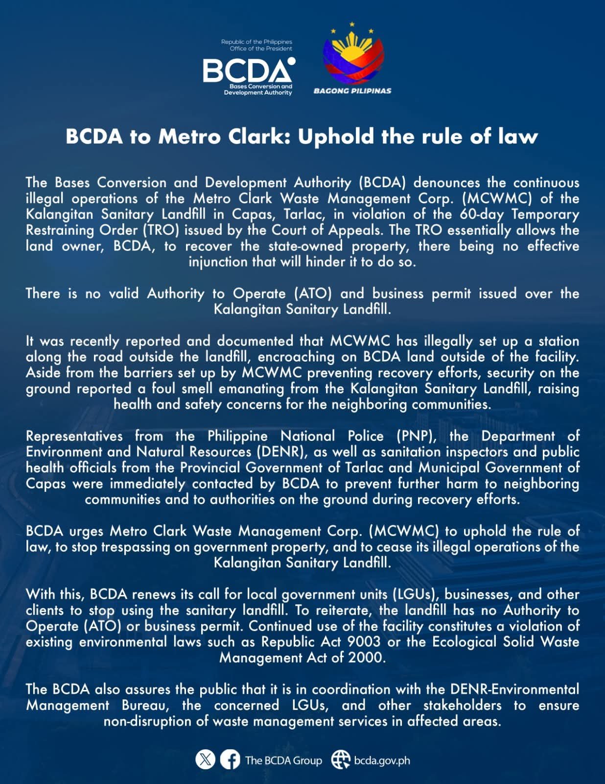 BCDA to Metro Clark: Uphold the rule of law - Pampanga News Now